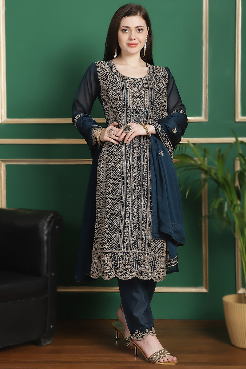 Prussian Blue Georgette Embroidered Straight Cut Trouser Suit LSTV128828
