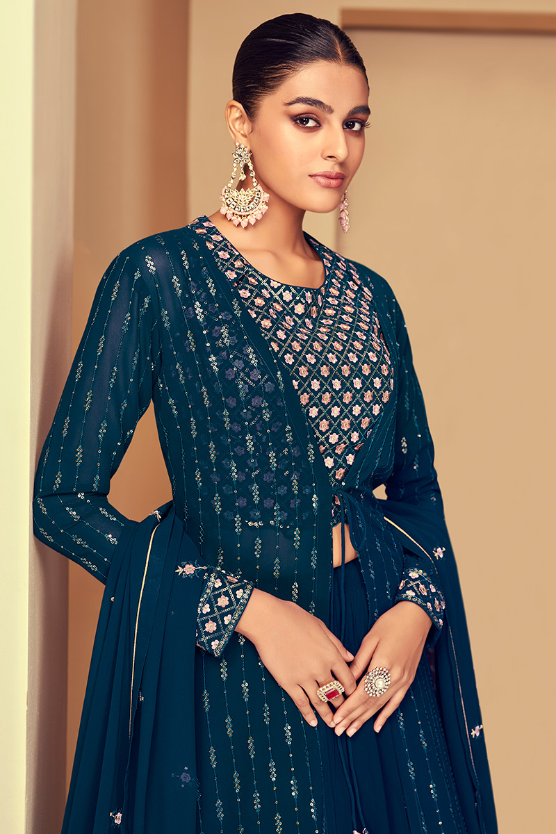 Buy Prussian Blue Georgette Jacket Style Embroidered Lehenga LLCV114048