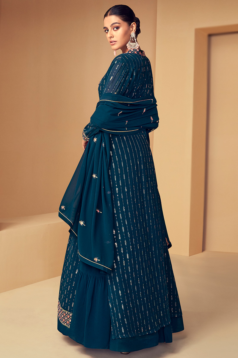 Buy Prussian Blue Georgette Jacket Style Embroidered Lehenga LLCV114048