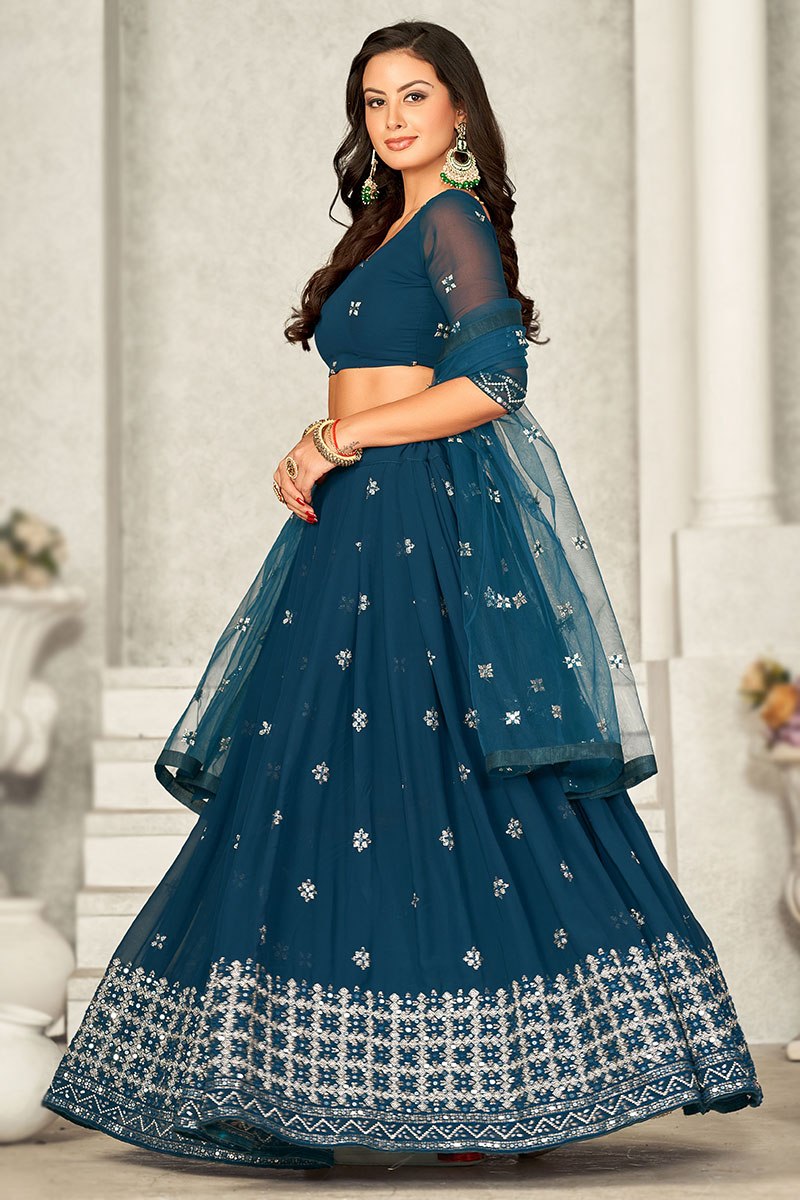 Prussian Blue Georgette Resham Embroidered Flared Style Lehenga LLCV118669
