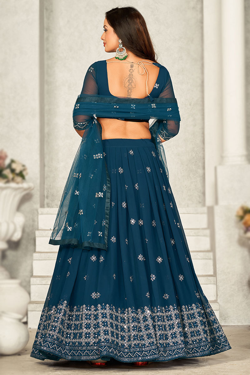 Prussian Blue Georgette Resham Embroidered Flared Style Lehenga LLCV118669