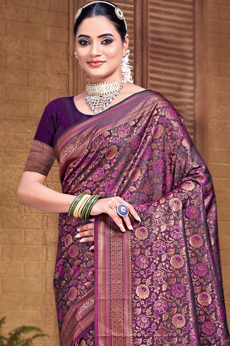 Purple Silk Woven Zari Broad Border Saree For Sangeet SARV180840
