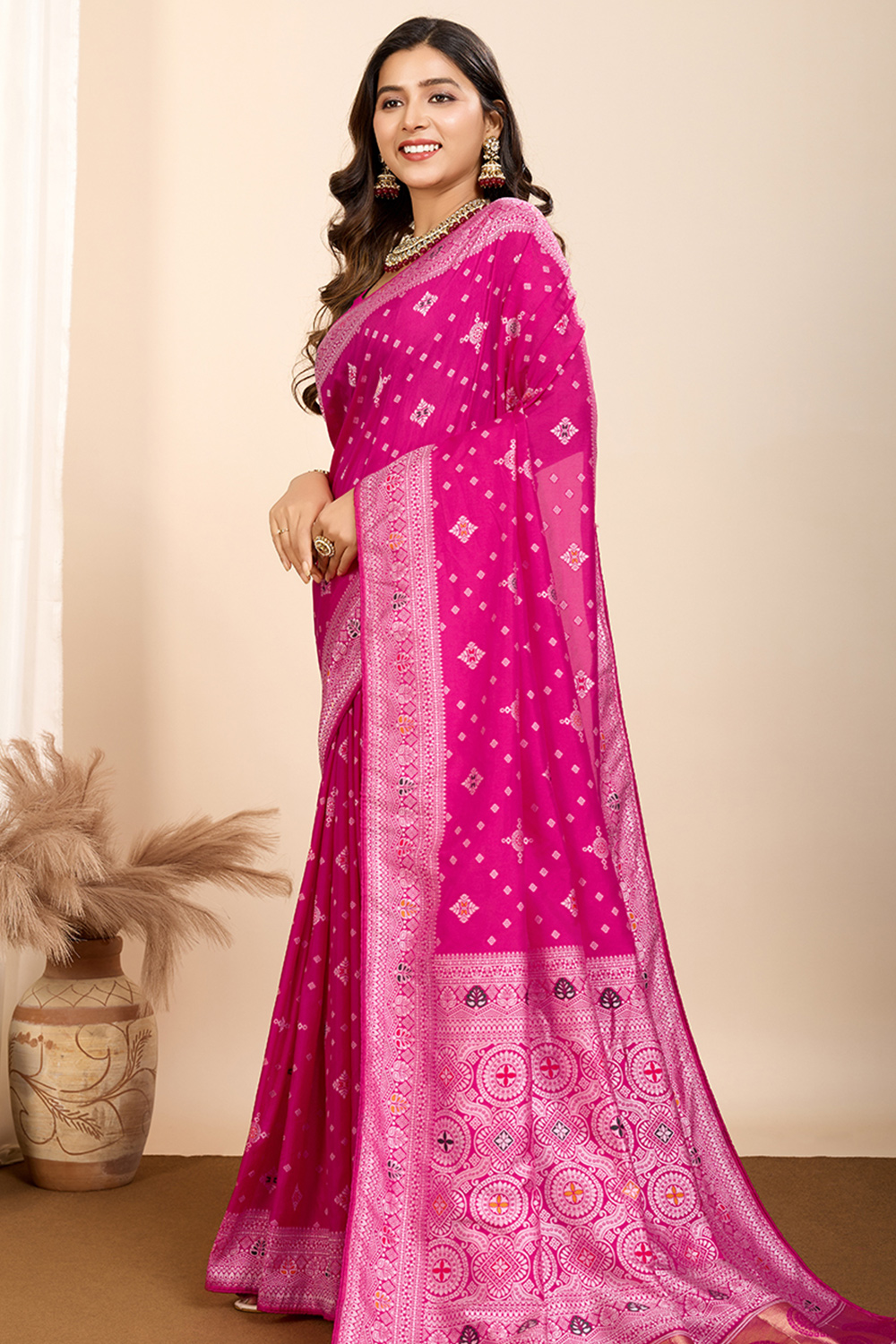 Rani Pink Weaved Thread Silk Broad Border Saree SARV190702