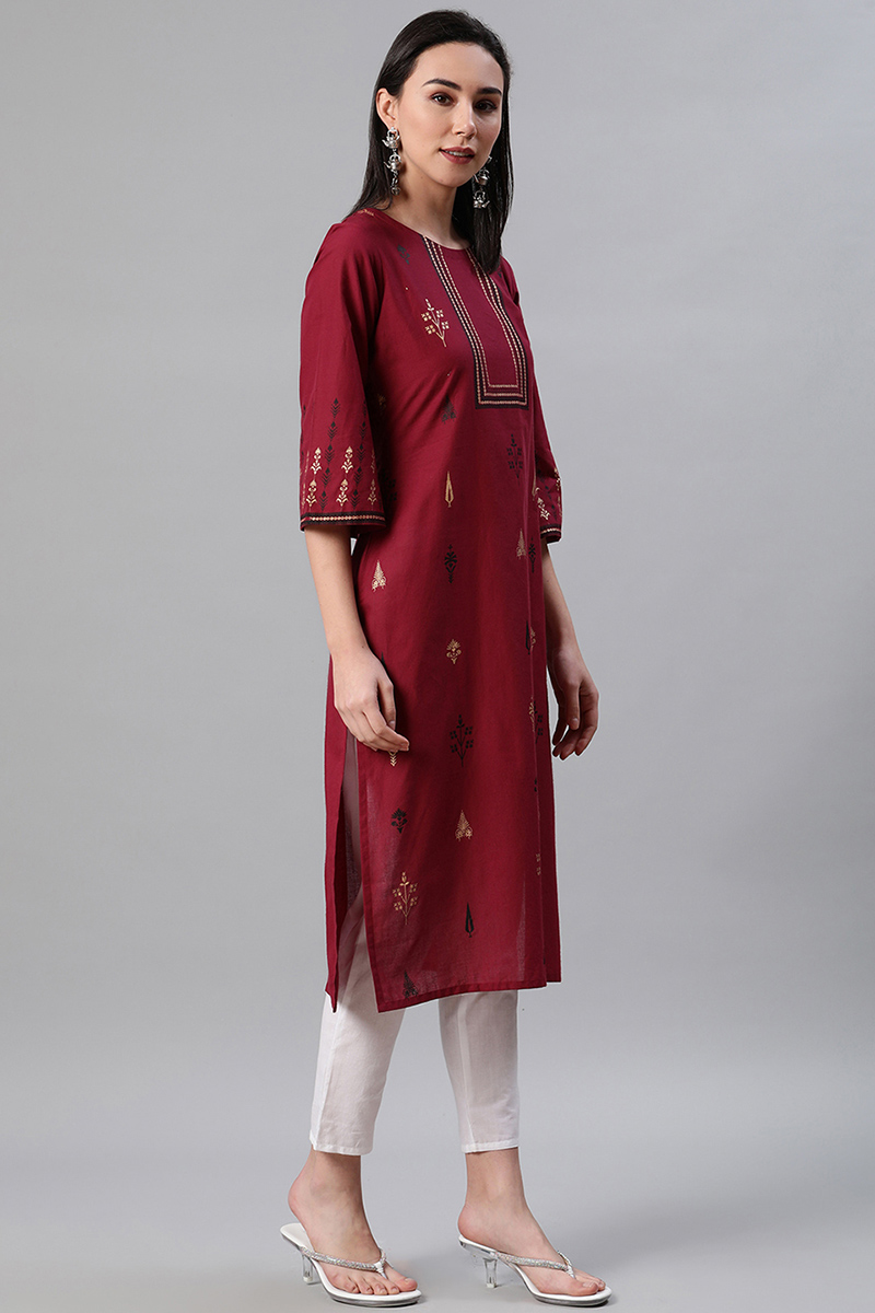 Buy Outfit in Rayon Maroon Foil Print and Printed Kurti LKV002595