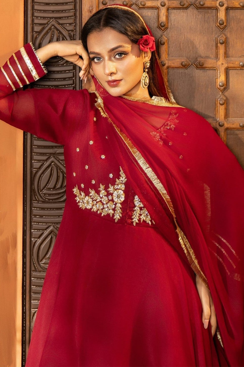Red Chiffon Sharara Suit with Zardosi Work For Wedding - LSTV138362