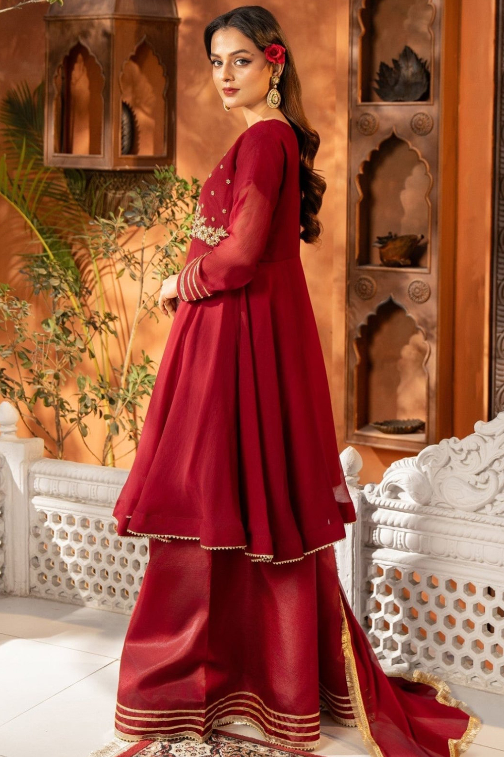 Red Chiffon Sharara Suit with Zardosi Work For Wedding - LSTV138362