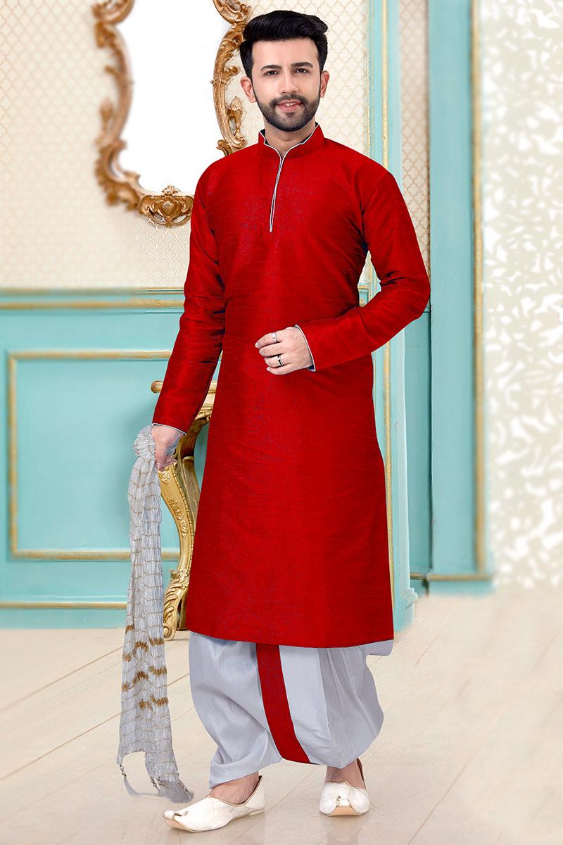Red Men Kurta Pajama With Dhoti MKPA0589