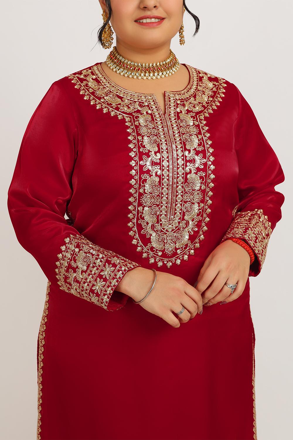 Red Satin Silk Embroidered Straight Cut Suit With Churidar LSTV134534