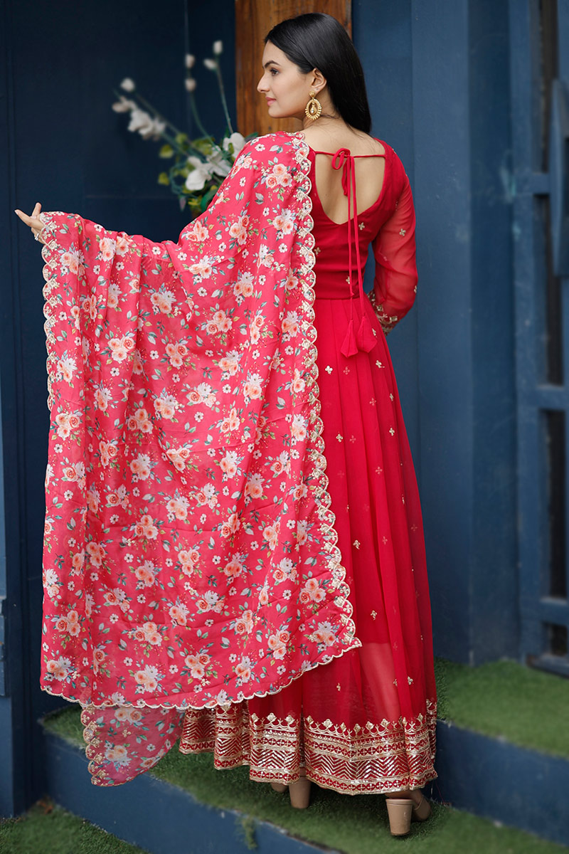 Red Sequins Embroidered Georgette Anarkali Suit For Sangeet LSTV127537
