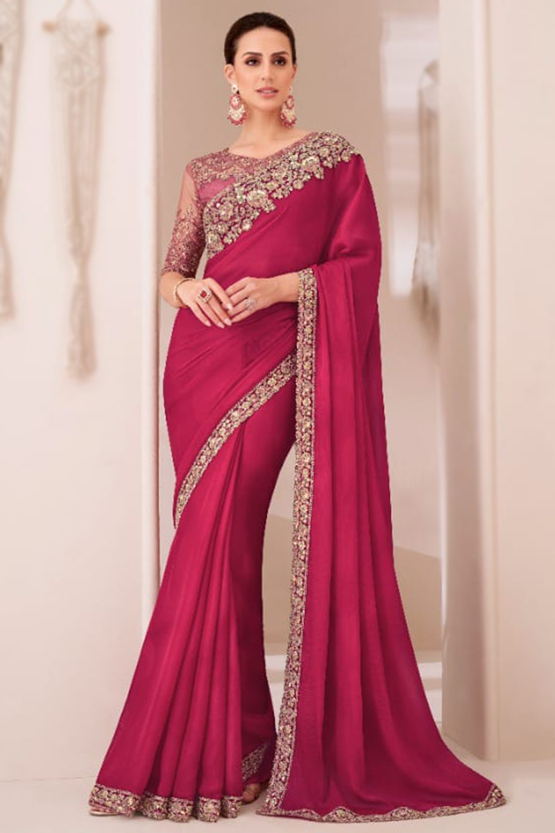 Ruby Pink Chiffon Sequins Embroidered Light Weight SareeSARV181398