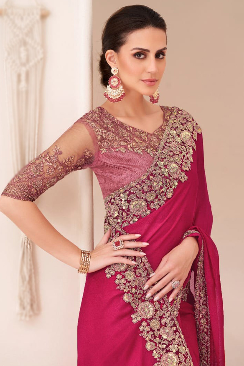 Ruby Pink Chiffon Sequins Embroidered Light Weight SareeSARV181398