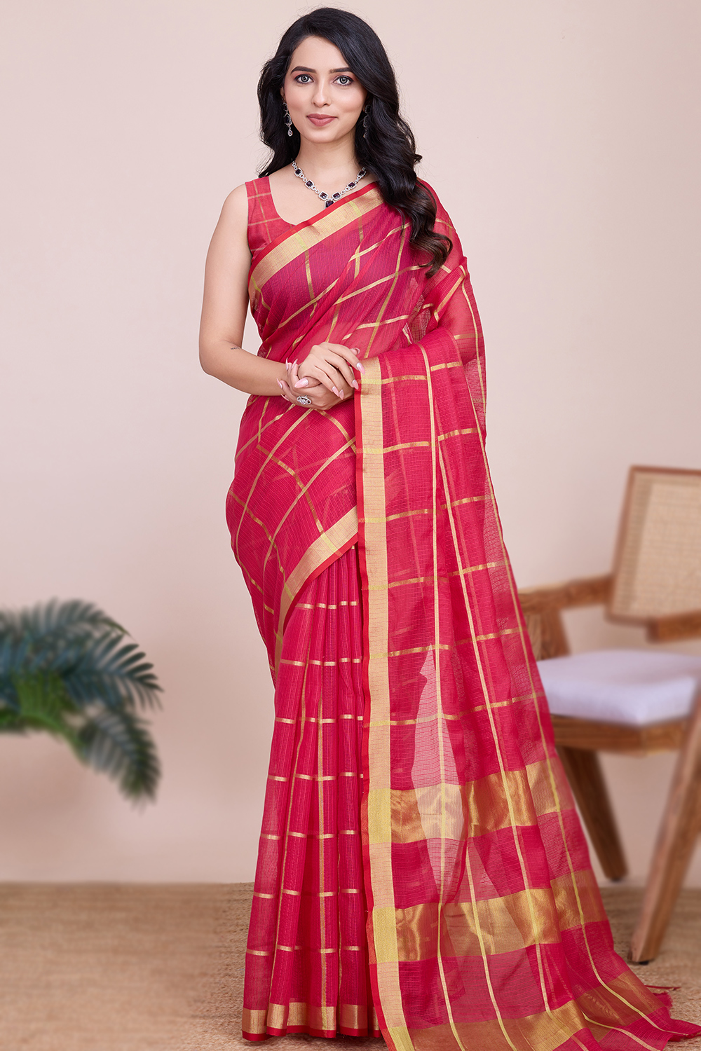 Ruby Pink Kota Doria Woven Zari Light Wight Saree SARV182549