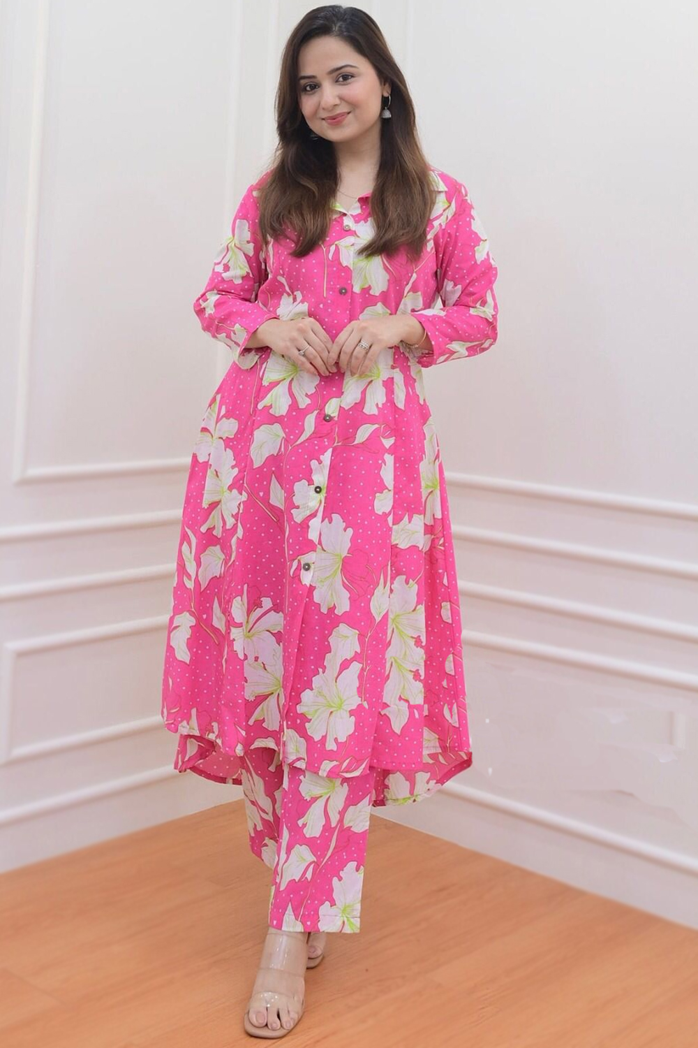 Ruby Pink Printed Cotton Casual Wear High Low Style Suit LSTV130890