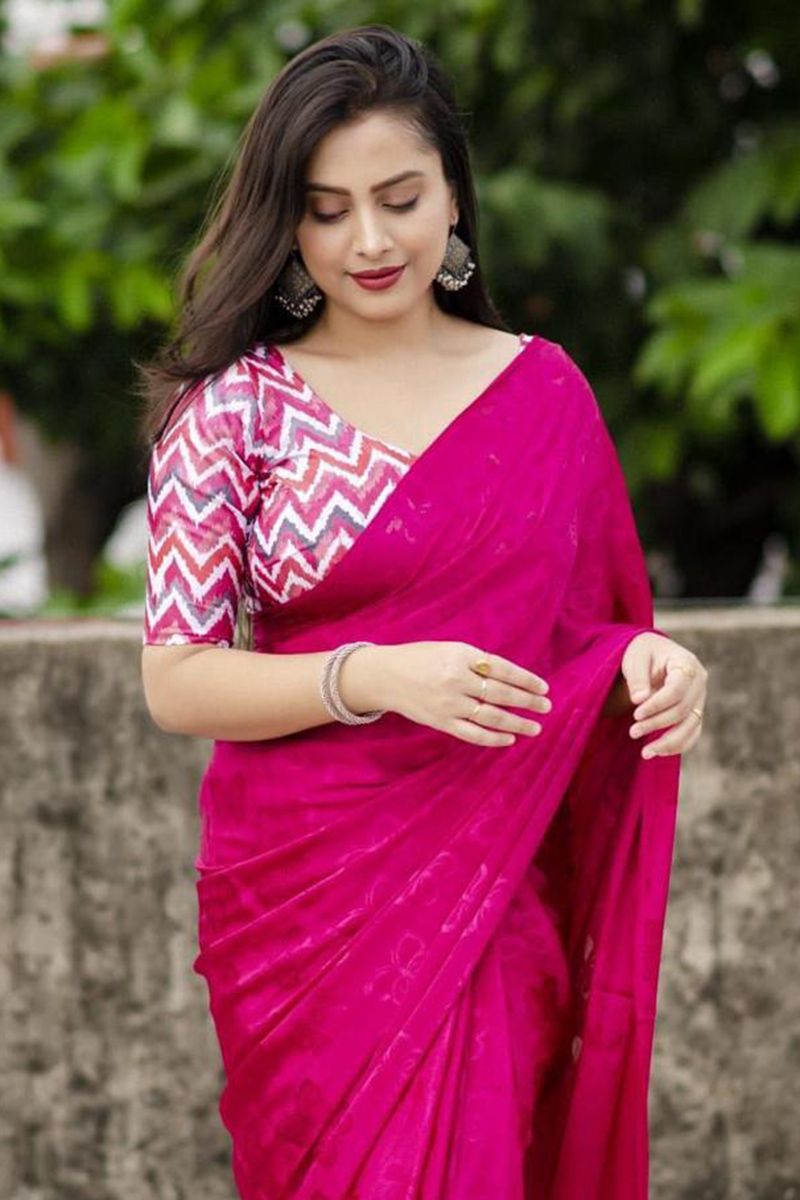 Ruby Pink Weaved Threda Light Weight Soft Silk Saree SARV164337