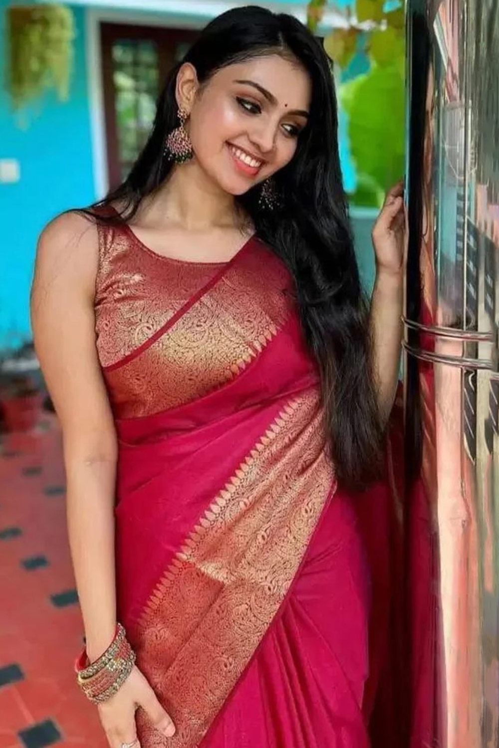 Ruby Pink Woven Zari Silk Broad Border Saree SARV187817
