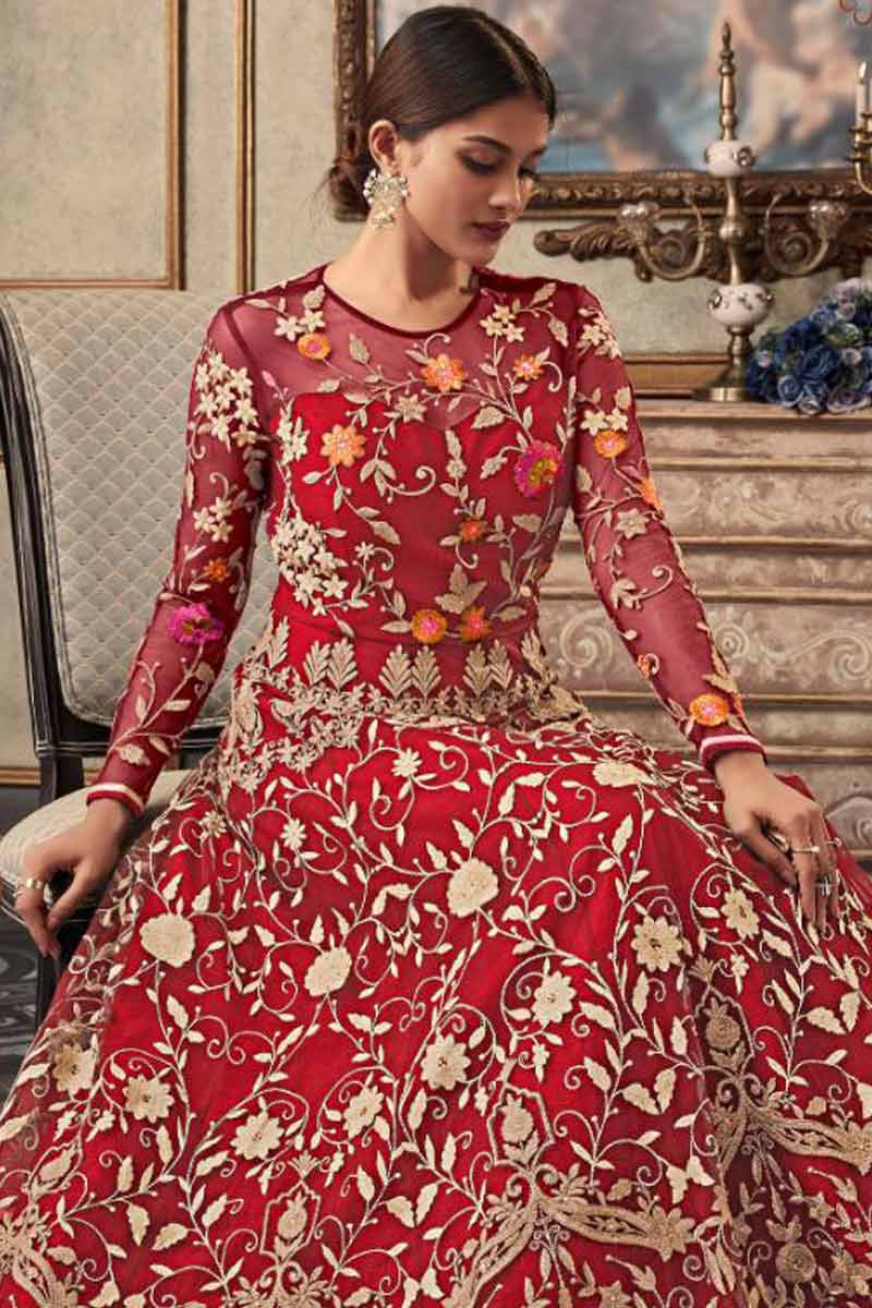 Buy Ruby Red Net Anarkali Suit With Resham Work Online - LSTV03088 ...