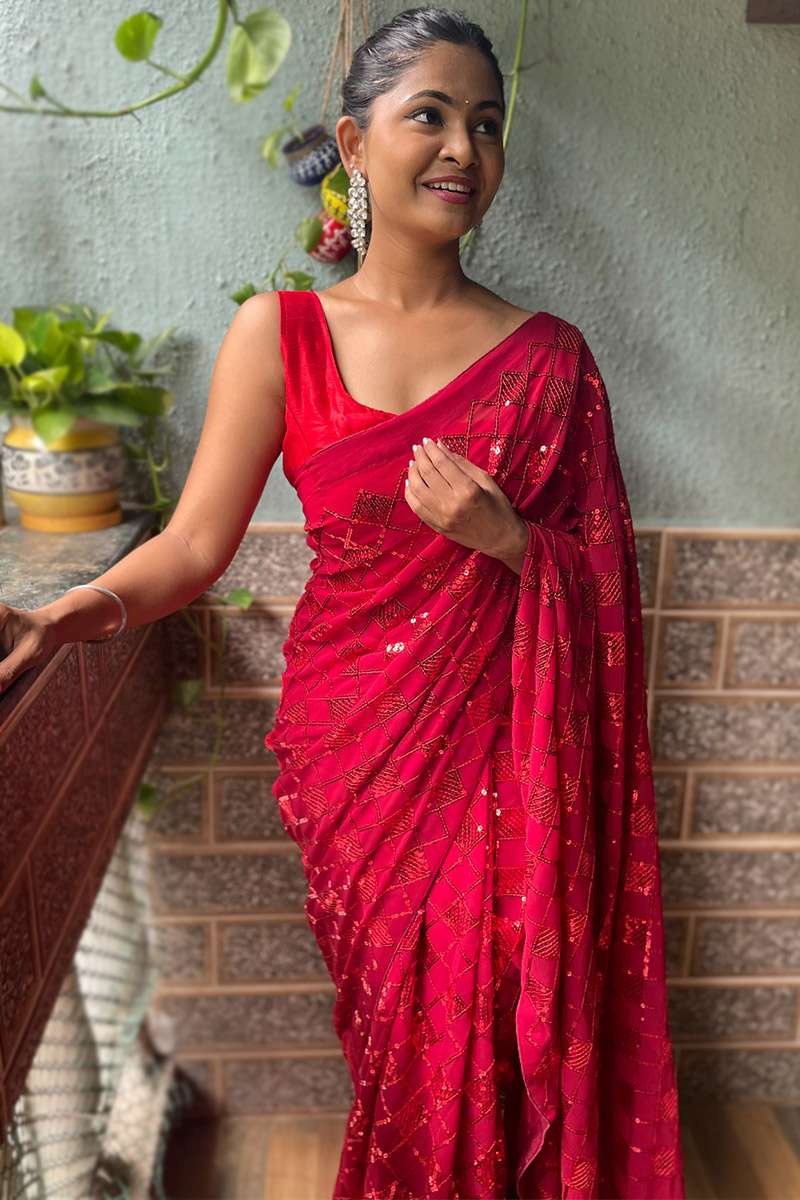 Ruby Red Sequins Embroidered Georgette Heavy Saree|SARV171028