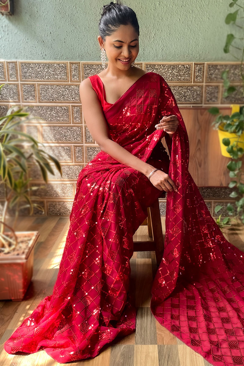 Ruby Red Sequins Embroidered Georgette Heavy Saree|SARV171028