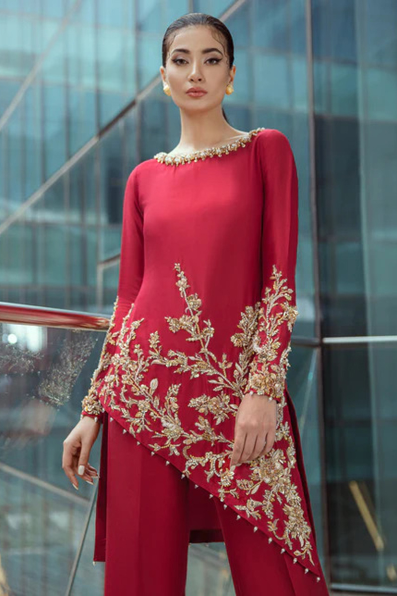Ruby Red Soft Silk Indo-Western Straight Pant Suit LSTV120605