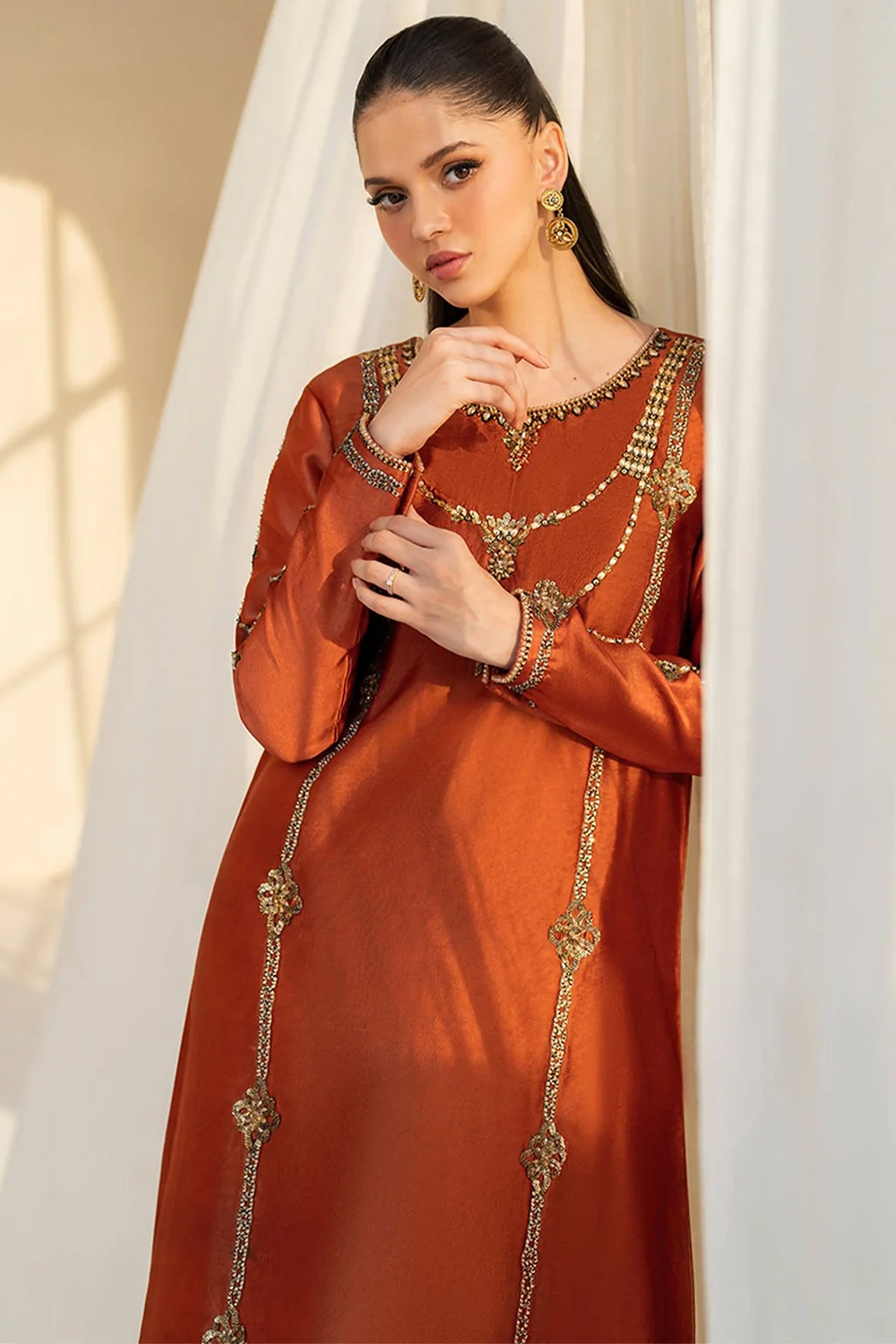 Rust Orange Tissue Silk Trouser Suit with Pearl Work for Diwali LSTV136719
