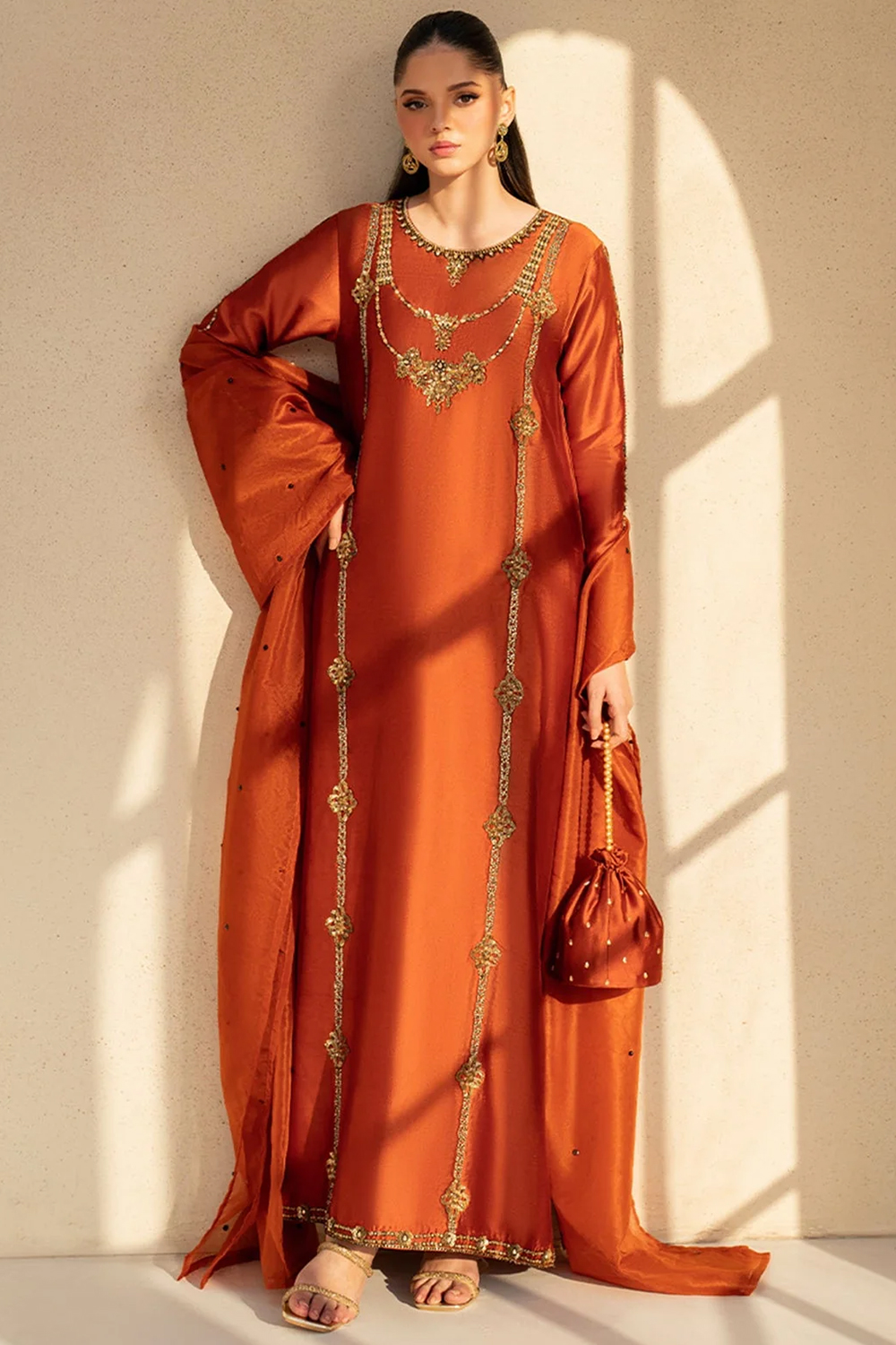 Rust Orange Tissue Silk Trouser Suit with Pearl Work for Diwali LSTV136719