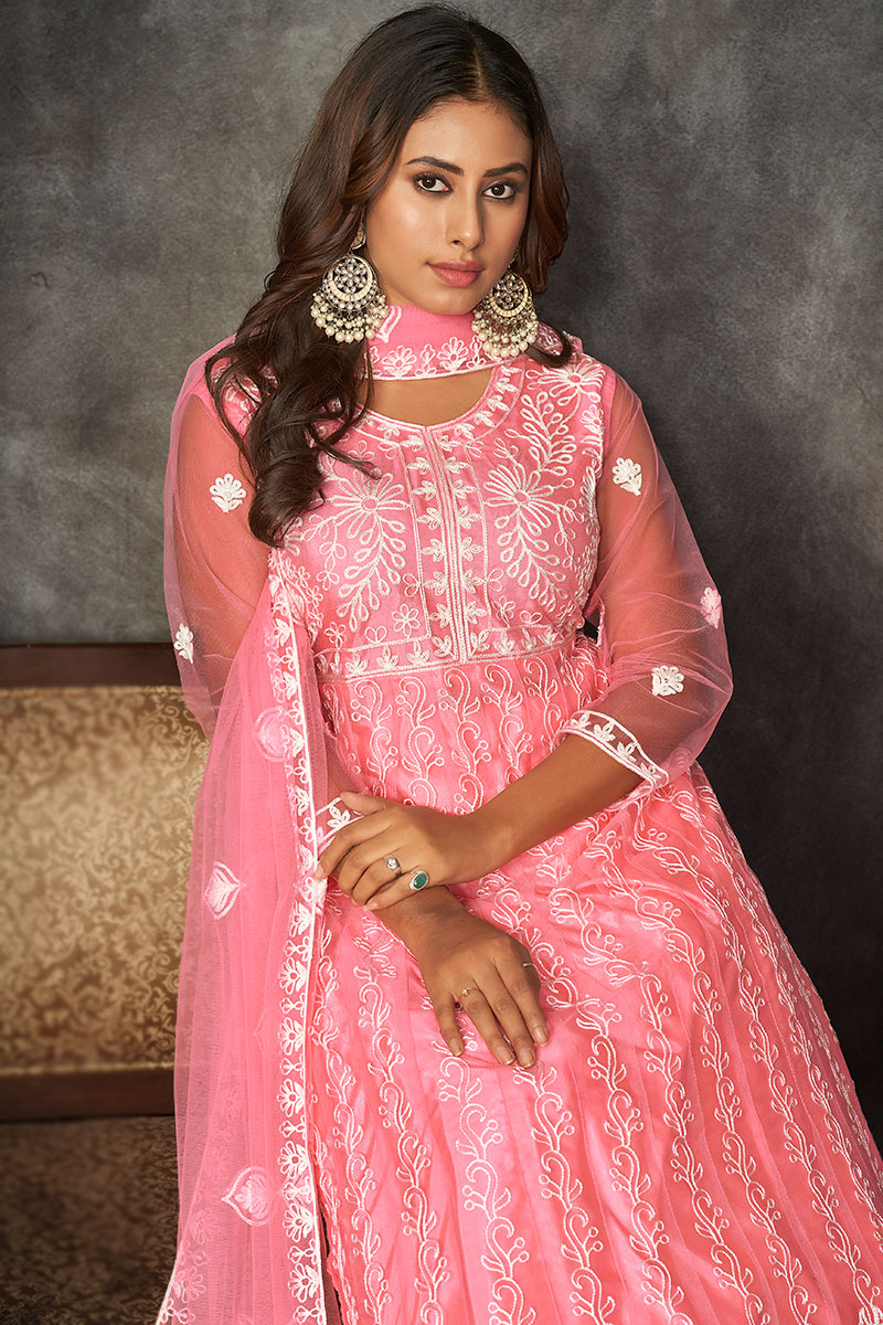 Salmon Pink Net Resham Embroidered Anarkali Suit LSTV127884