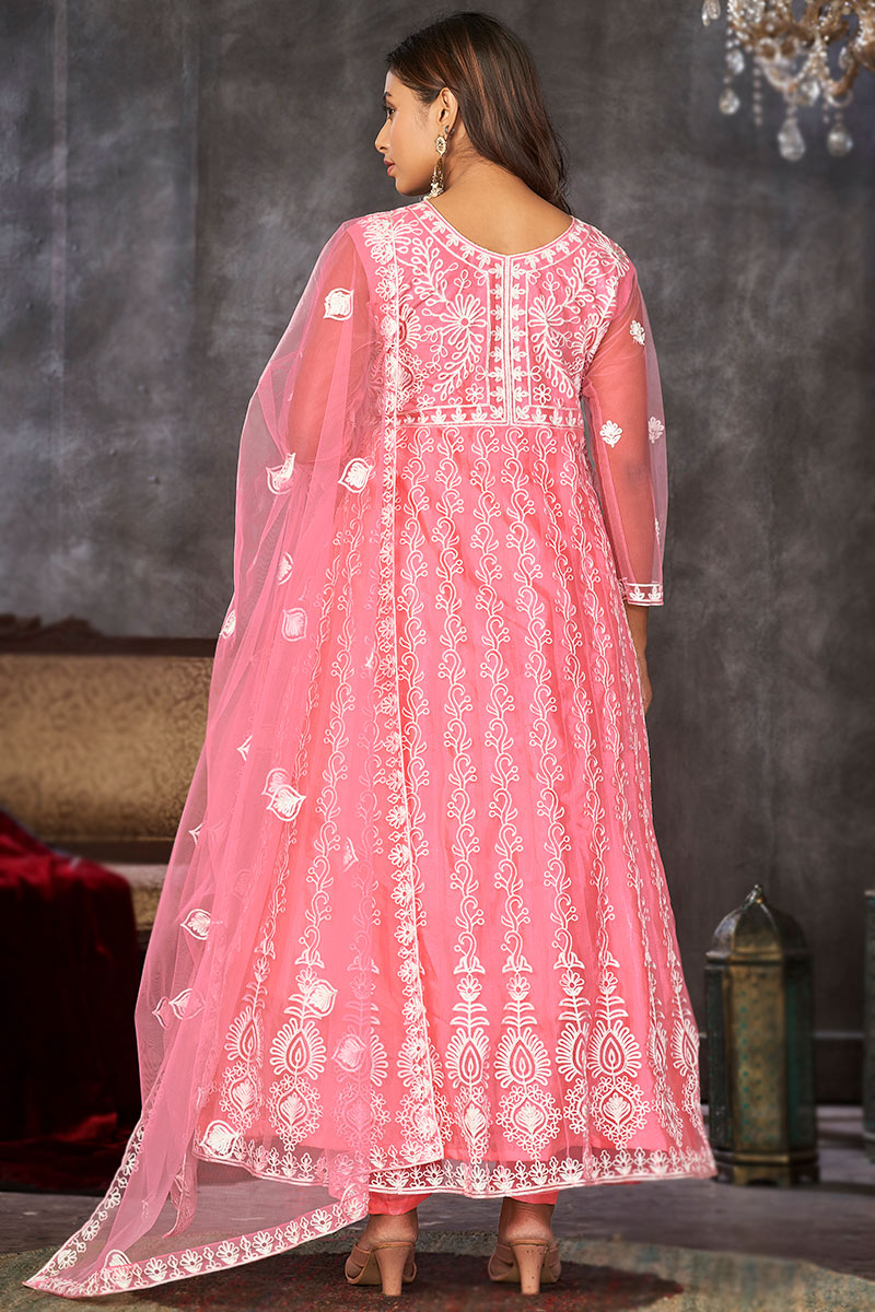 Salmon Pink Net Resham Embroidered Anarkali Suit LSTV127884