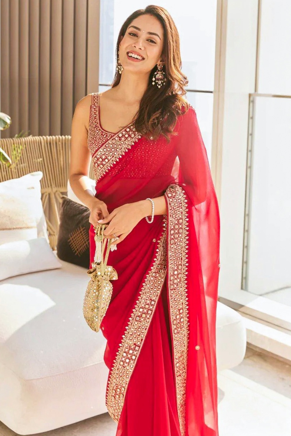 Embroidered Georgette Cherry Red Light Weight Saree SARV176783
