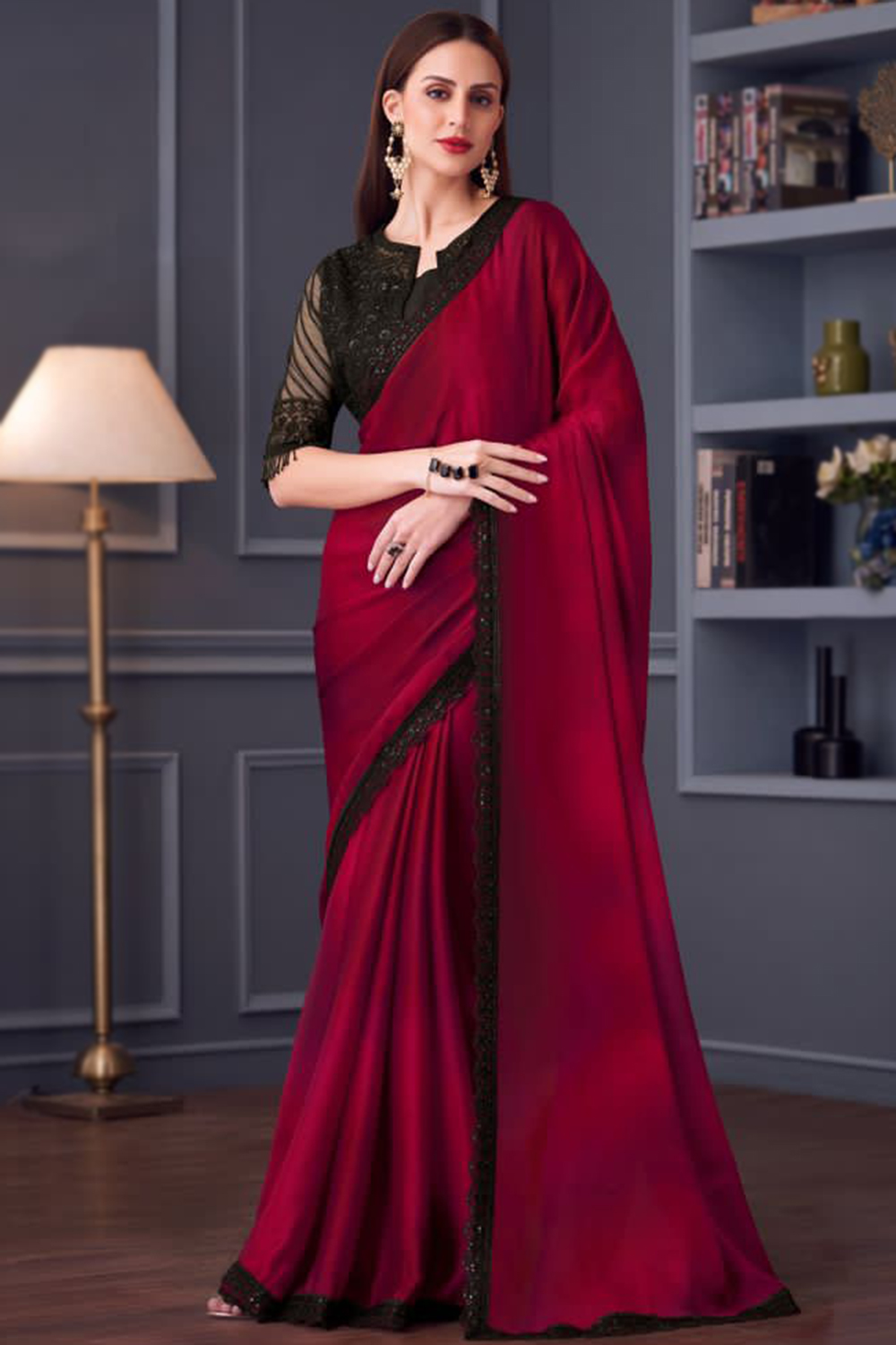 Satin Deep Red Lace Embroidered Jacket Style Light Weight Saree SARV184585