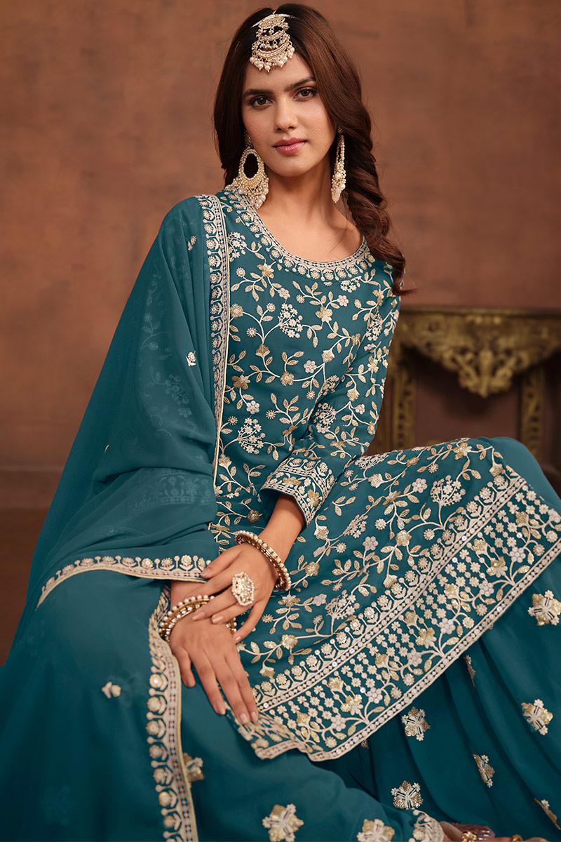 Sea Blue Georgette Embroidered Straight Cut Sharara Suit LSTV127547