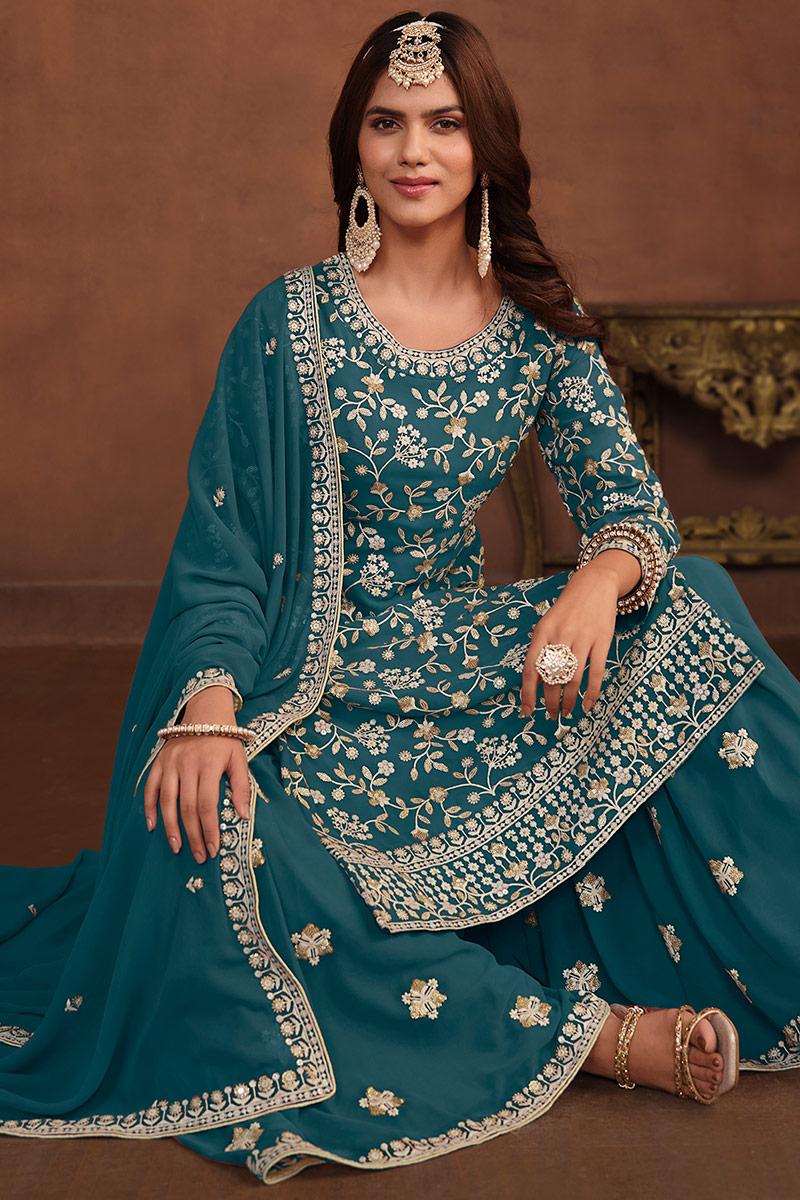 Sea Blue Georgette Embroidered Straight Cut Sharara Suit LSTV127547