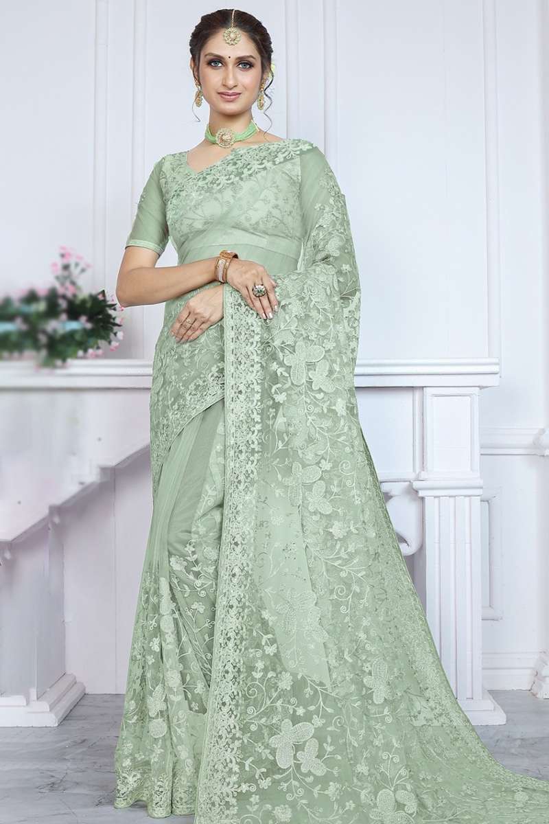Seafoam Green Net Embroidered Lightweight Saree For Mehndi SARV174790