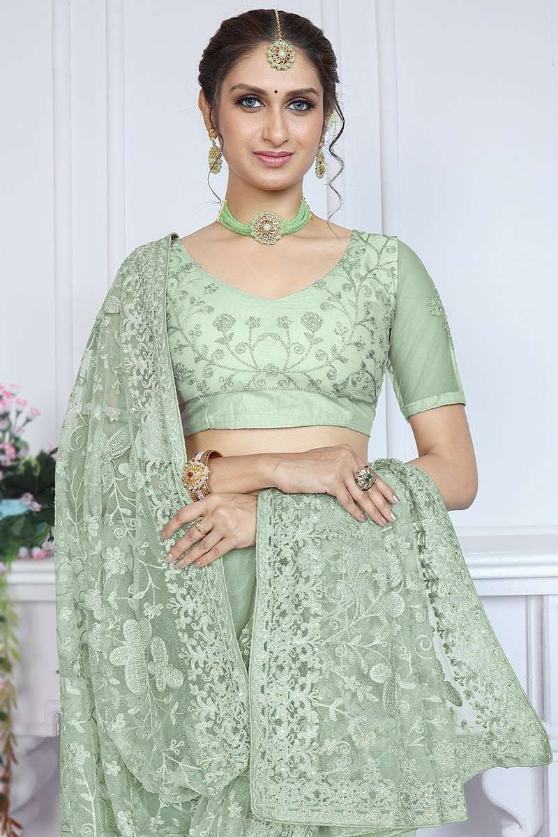 Seafoam Green Net Embroidered Lightweight Saree For Mehndi SARV174790