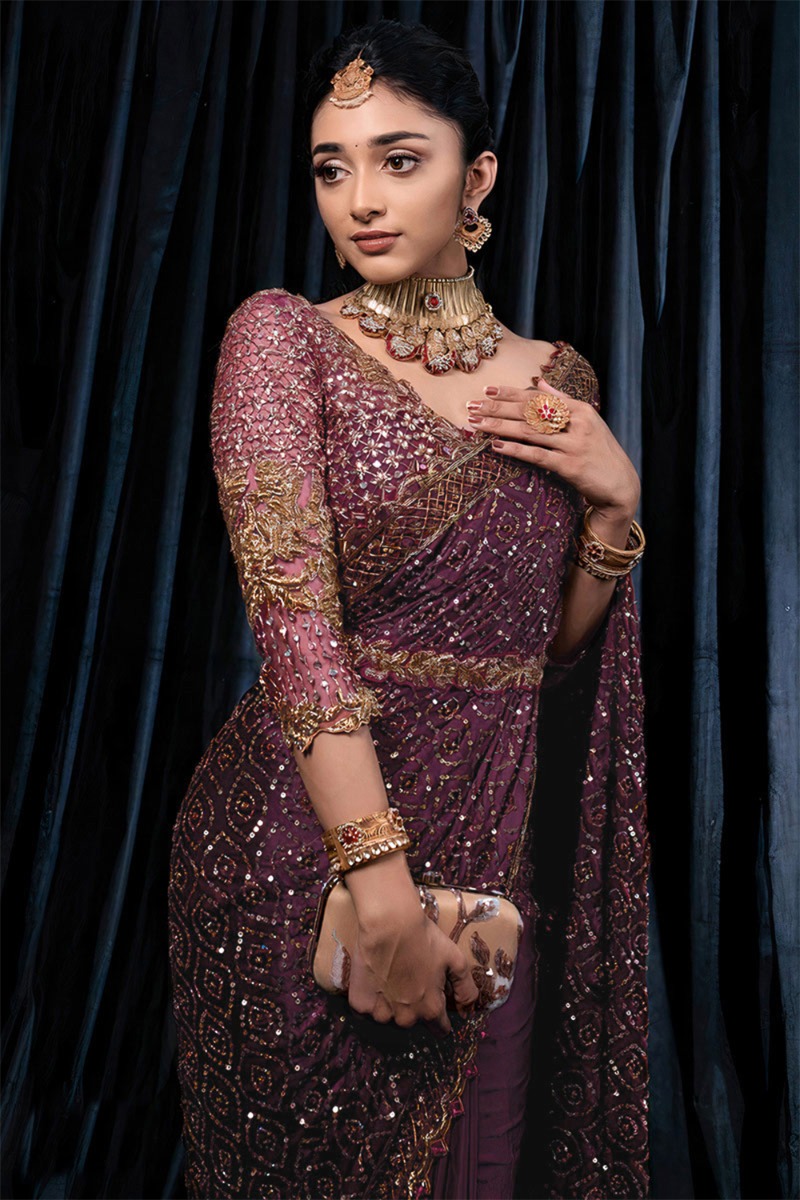 Sequins Embroidered Dark Maroon Heavy Organza Saree SARV167315