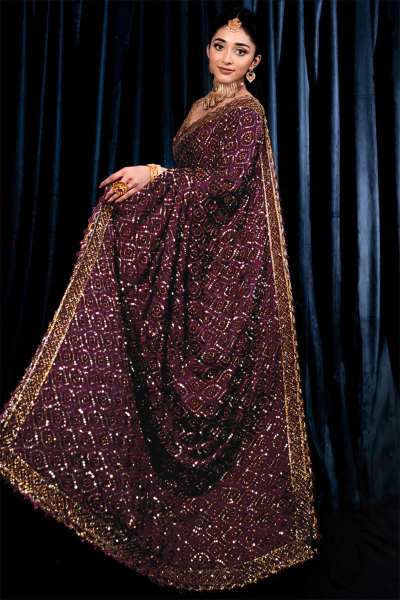 Sequins Embroidered Dark Maroon Heavy Organza Saree SARV167315