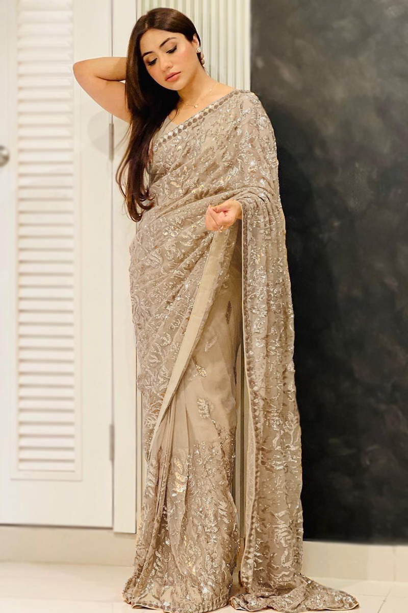Sequins Embroidered Dark Beige Georgette Heavy Saree SARV176288