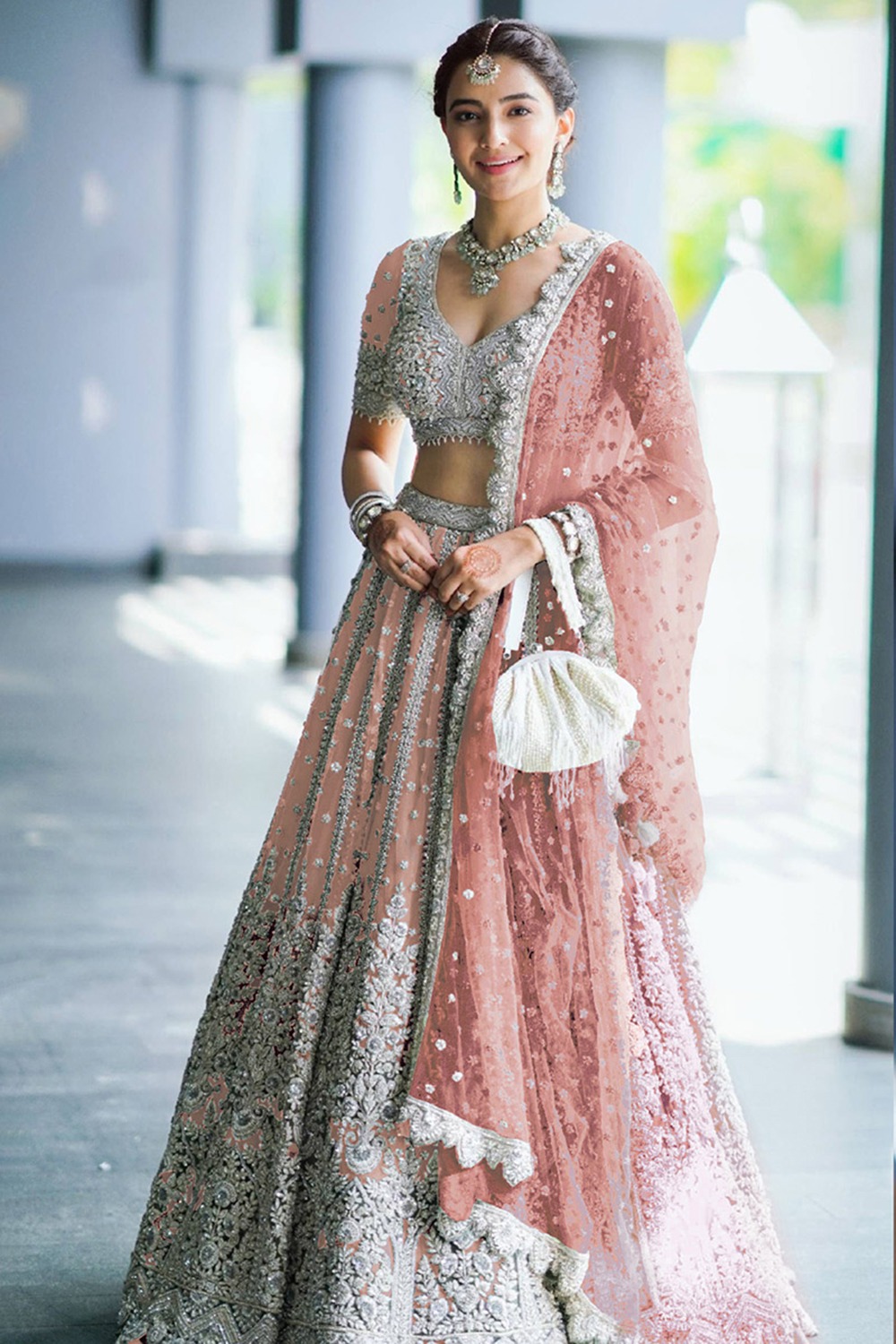 Sequins Embroidered Net Dusty Peach A Line Lehenga LLCV118142