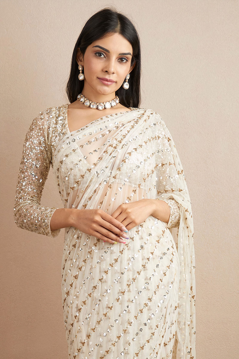 Sequins Embroidered Off White Heavy Net Saree SARV163206