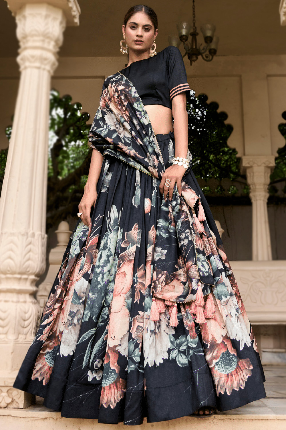 Silk Black Floral Print Flared Style Lehenga LLCV120369