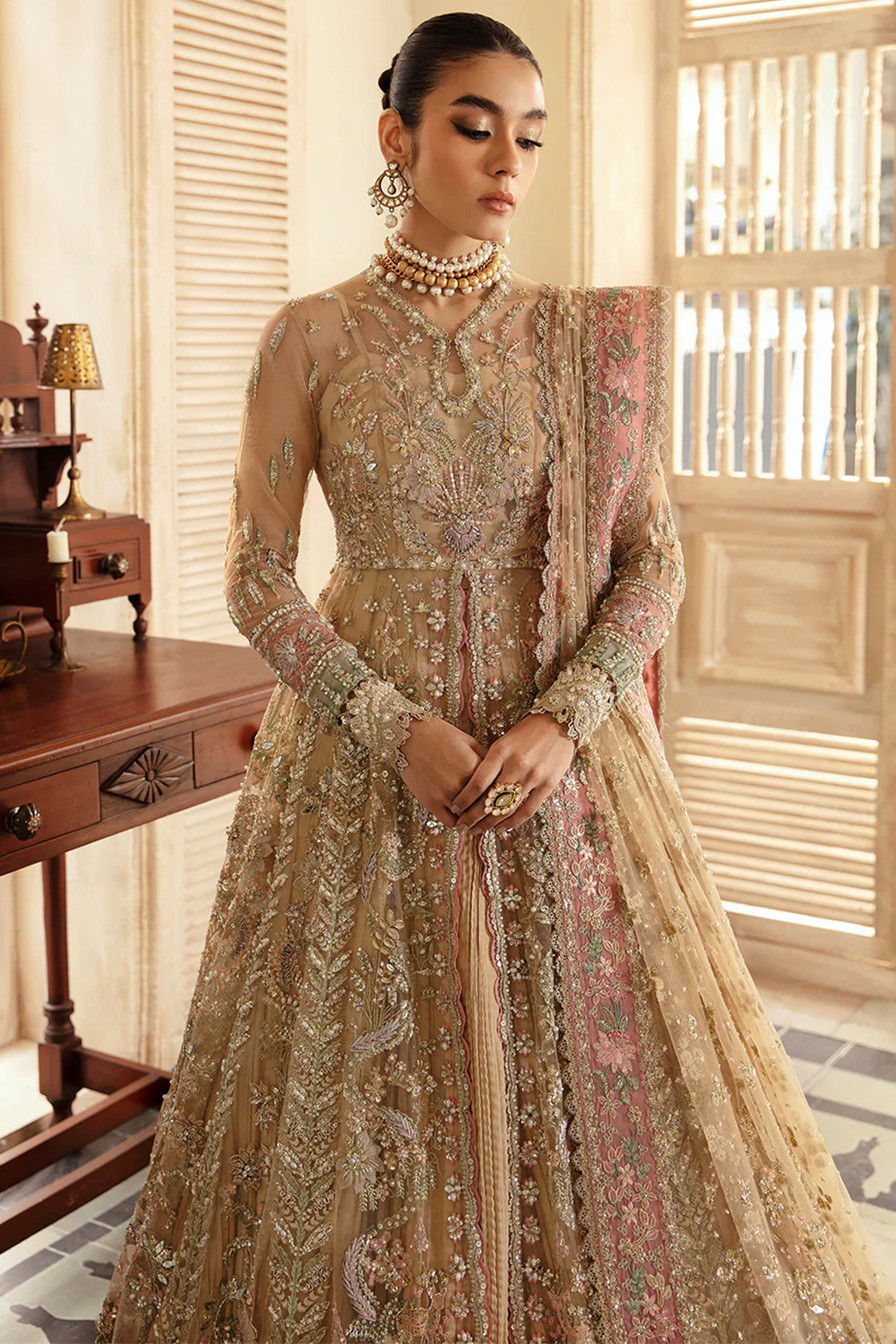 Silk Blend Cream Beige Embroidered Jacket Style Lehenga LLCV121497