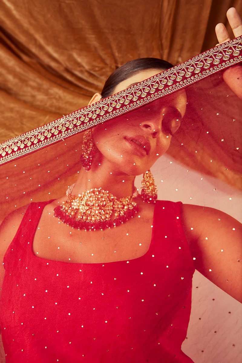 Silk Cherry Red lace Embroidered Straight Cut Palazzo Suit LSTV130075