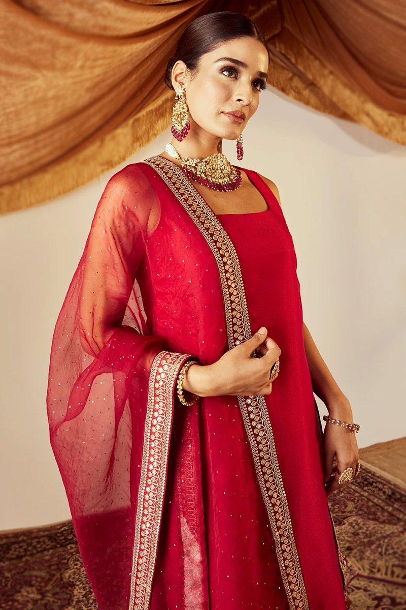 Silk Cherry Red lace Embroidered Straight Cut Palazzo Suit LSTV130075