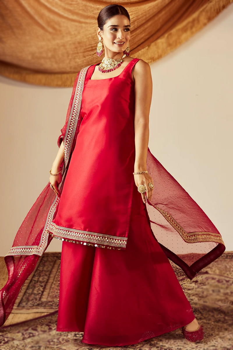 Silk Cherry Red lace Embroidered Straight Cut Palazzo Suit LSTV130075