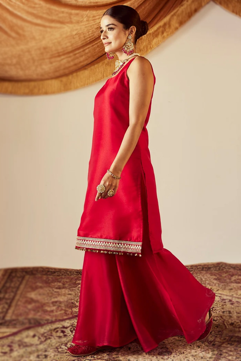 Silk Cherry Red lace Embroidered Straight Cut Palazzo Suit LSTV130075
