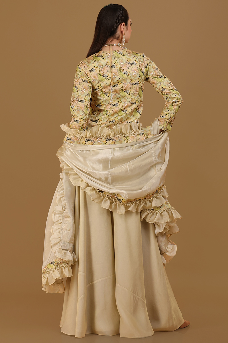 Silk Light Green Printed Flared Palazzo Suit LSTV128437