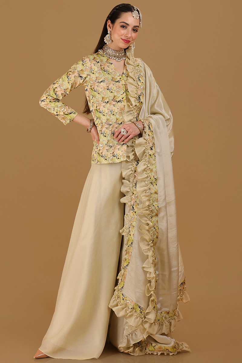 Silk Light Green Printed Flared Palazzo Suit LSTV128437