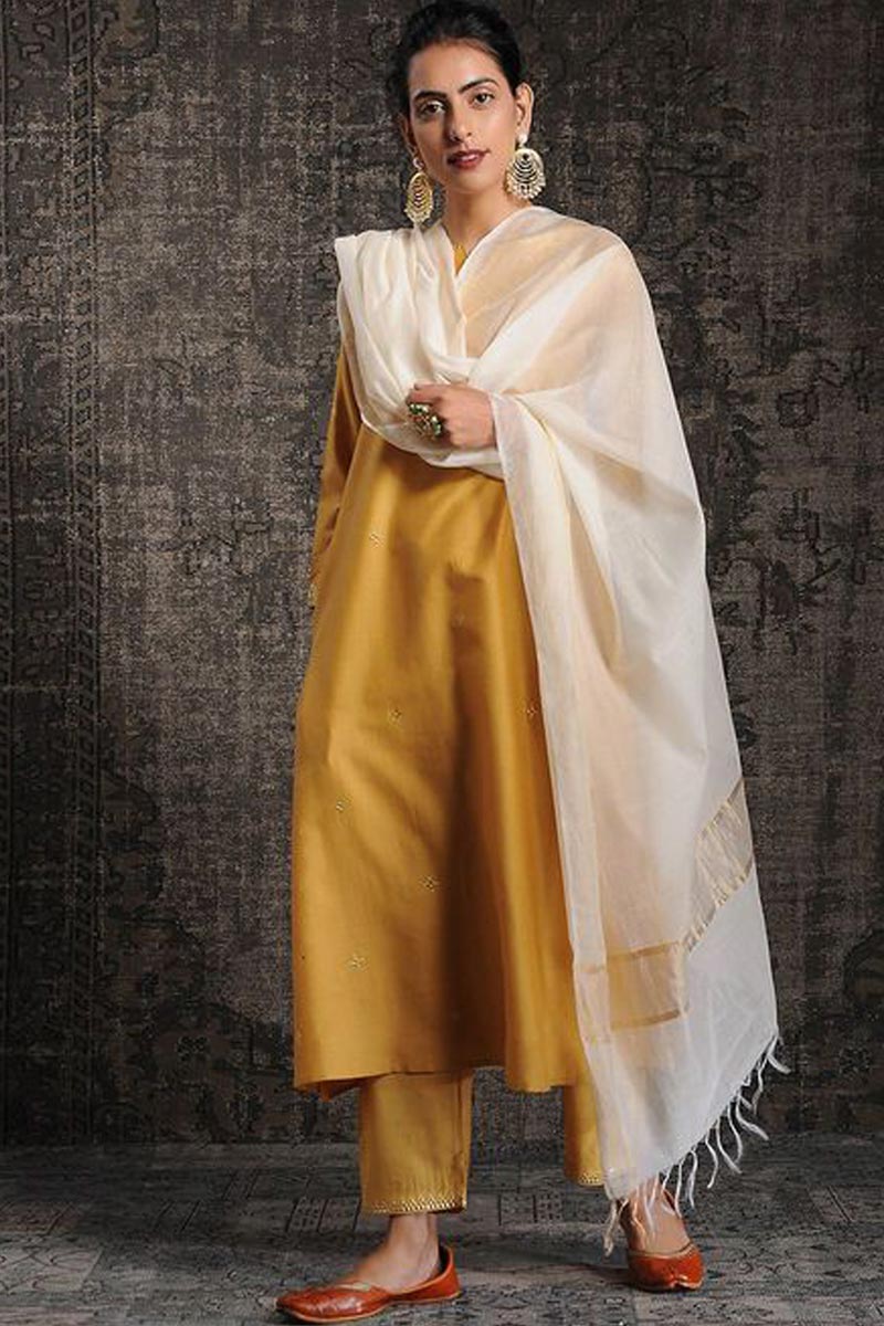 Buy Silk Mustard Colour Trouser Suit With Zari Work Online - LSTV03979 ...