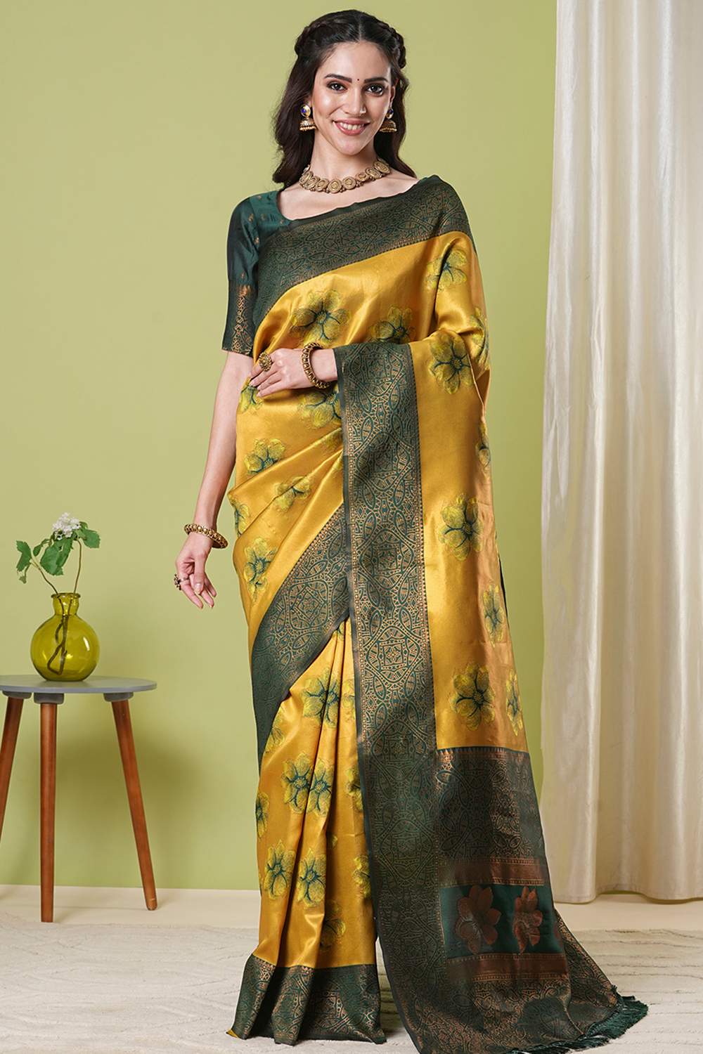 Silk Mustard Yellow Woven Zari Broad Border Saree SARV189568