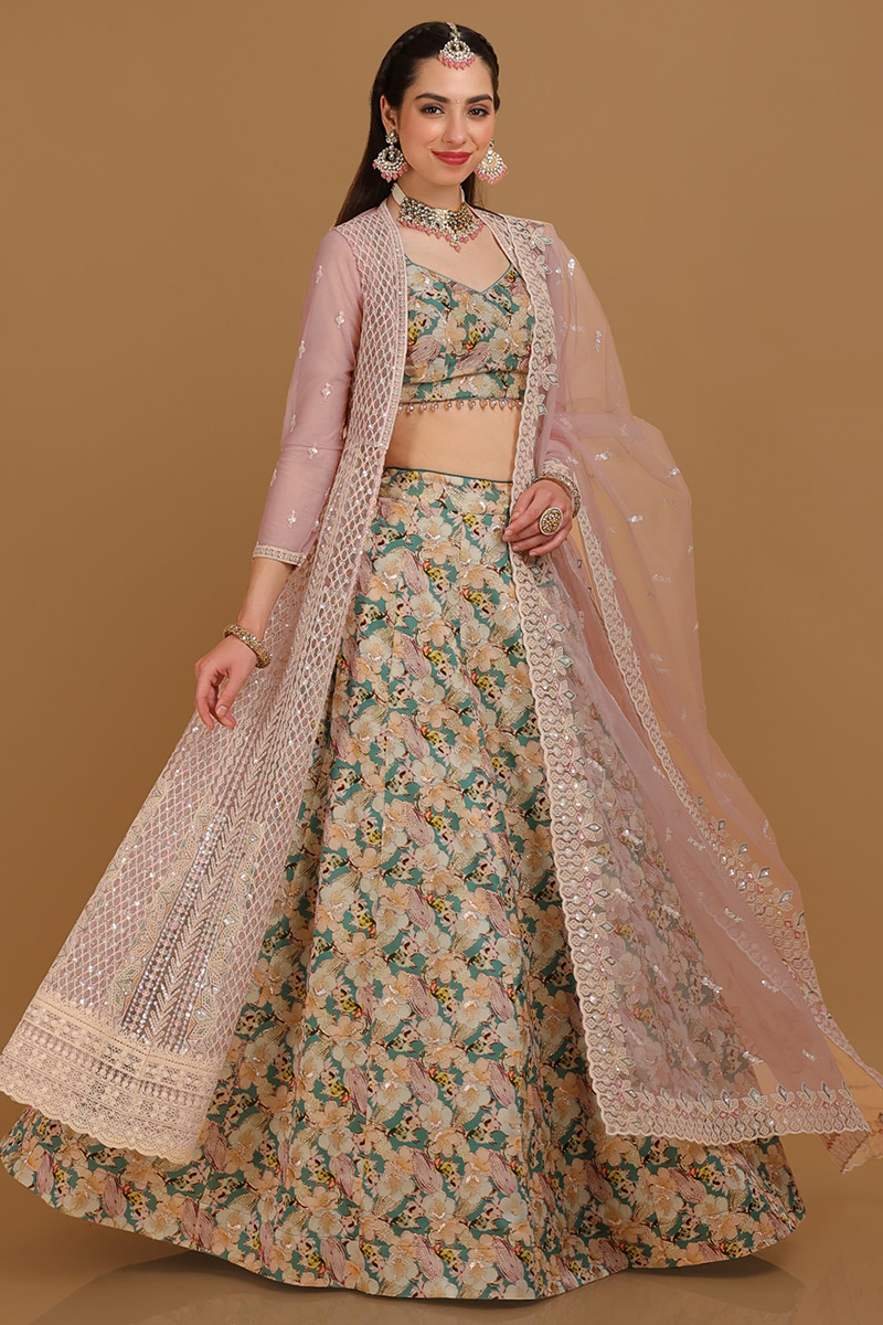 Buy Silk Printed Teal Blue Jacket Style lehenga LLCV118155