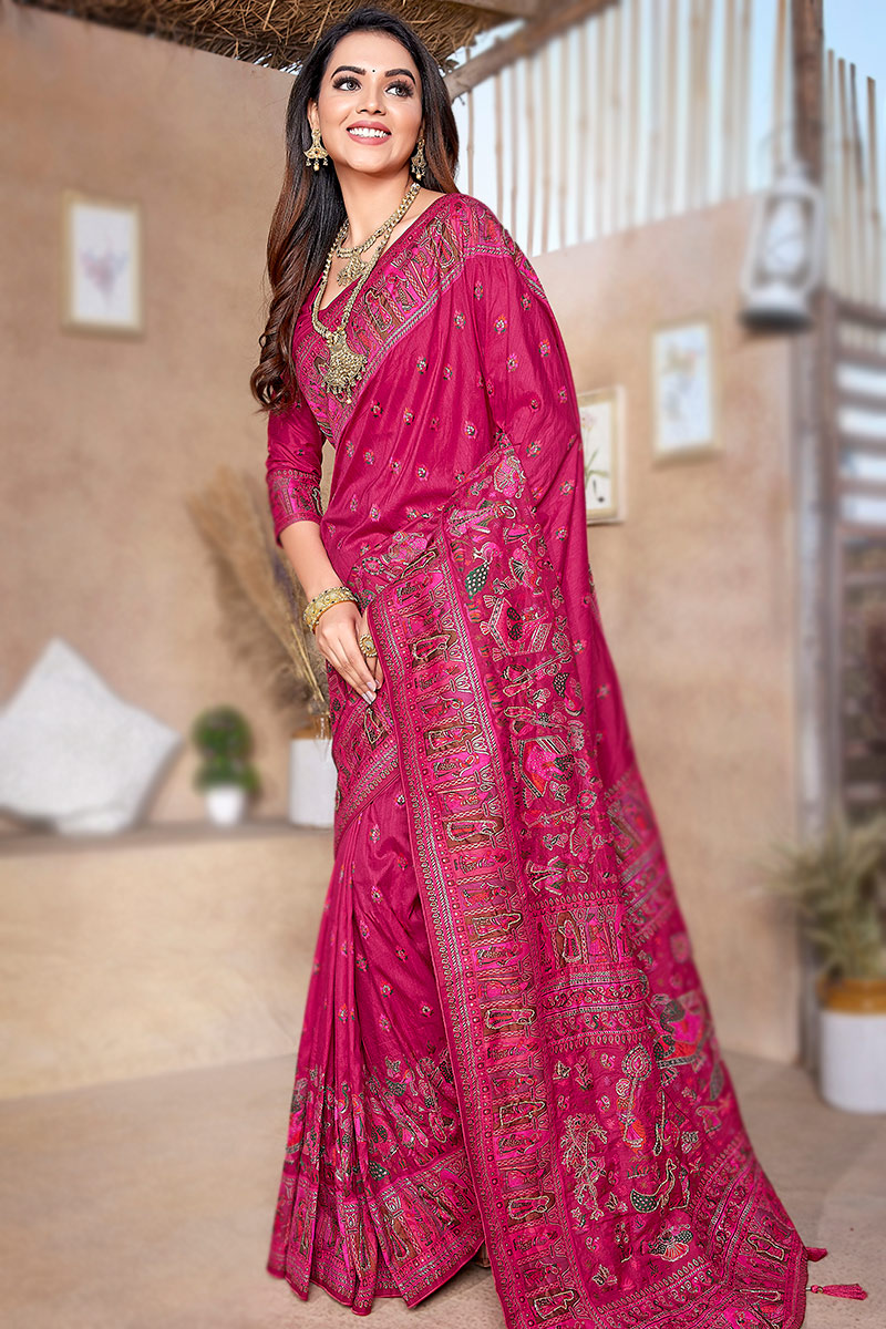 Silk Ruby Pink Weaved With Thread And Zari Sangeet Saree SARV181849